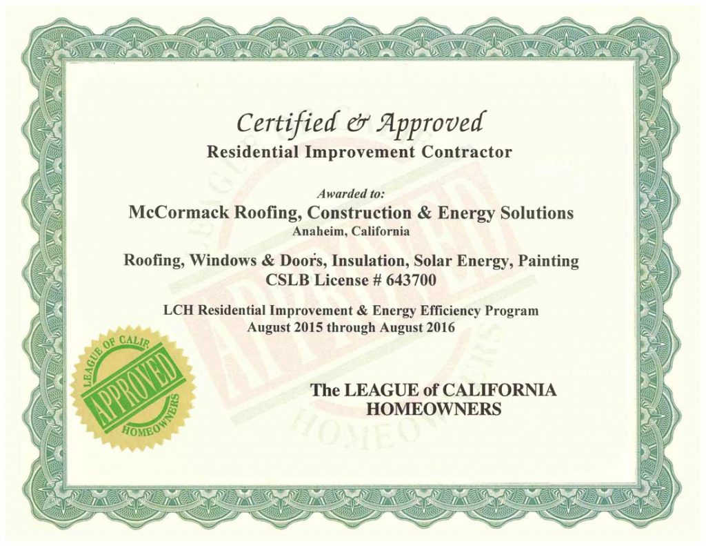 Insurance Certificates - McCormack Roofing